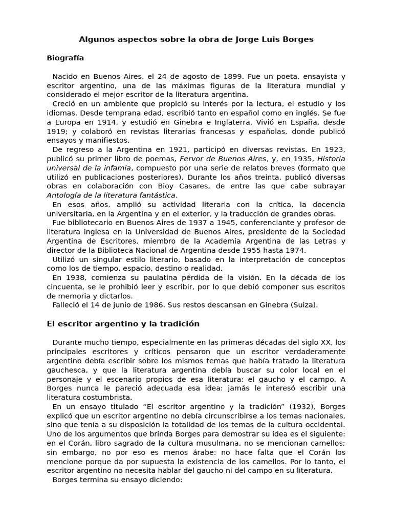 Aspectos Sobre La Obra de Borges (Texto) - Escritor Argentino, Dos ...