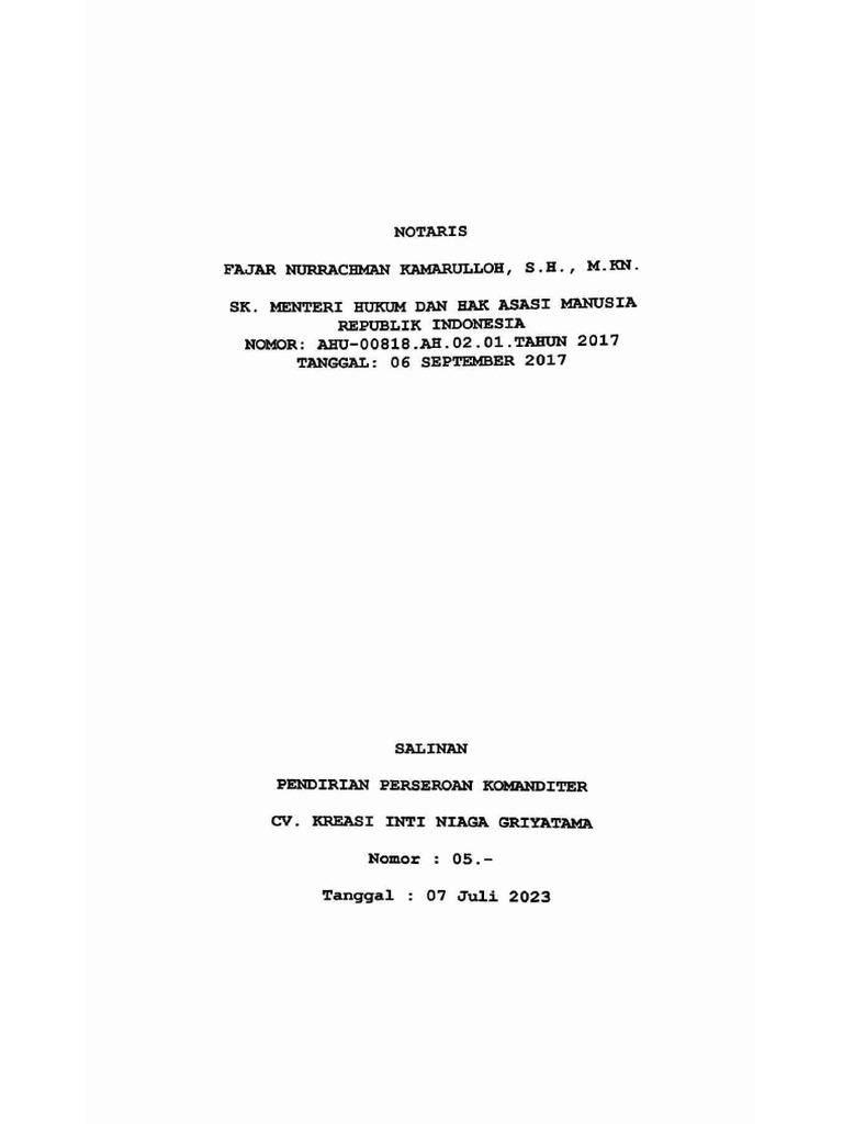 Scan Akta CV Kreasi Inti Niaga Griyatama | PDF