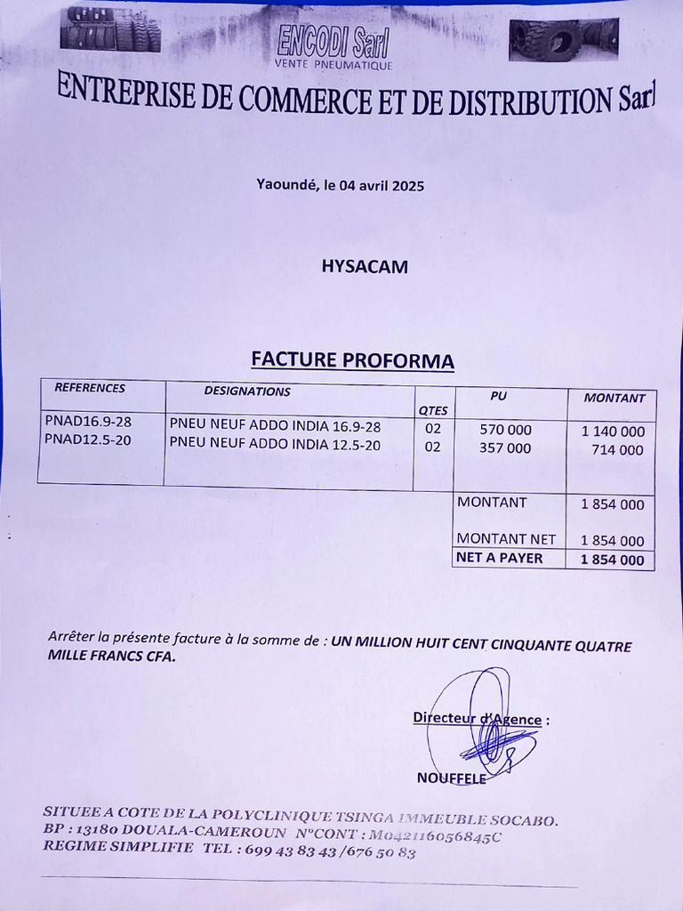 Facture Proforma Pneumatiques HYSACAM | PDF