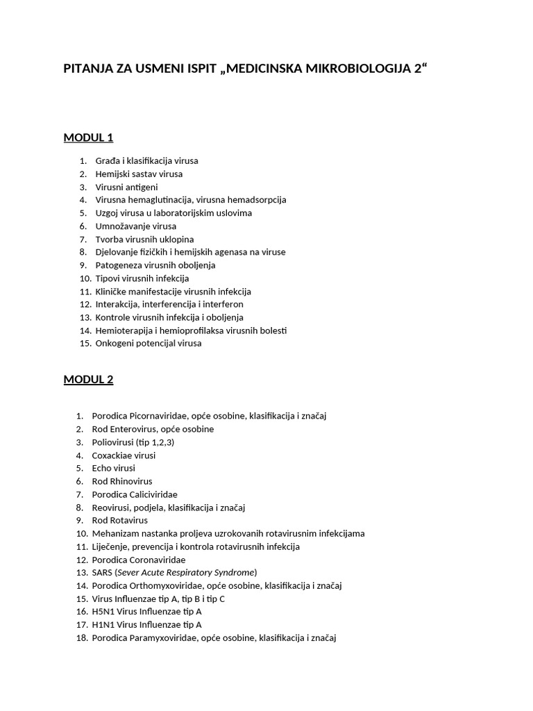 Pitanja Za Usmeni Ispit - Medicinska Mikrobiologija 2 | PDF