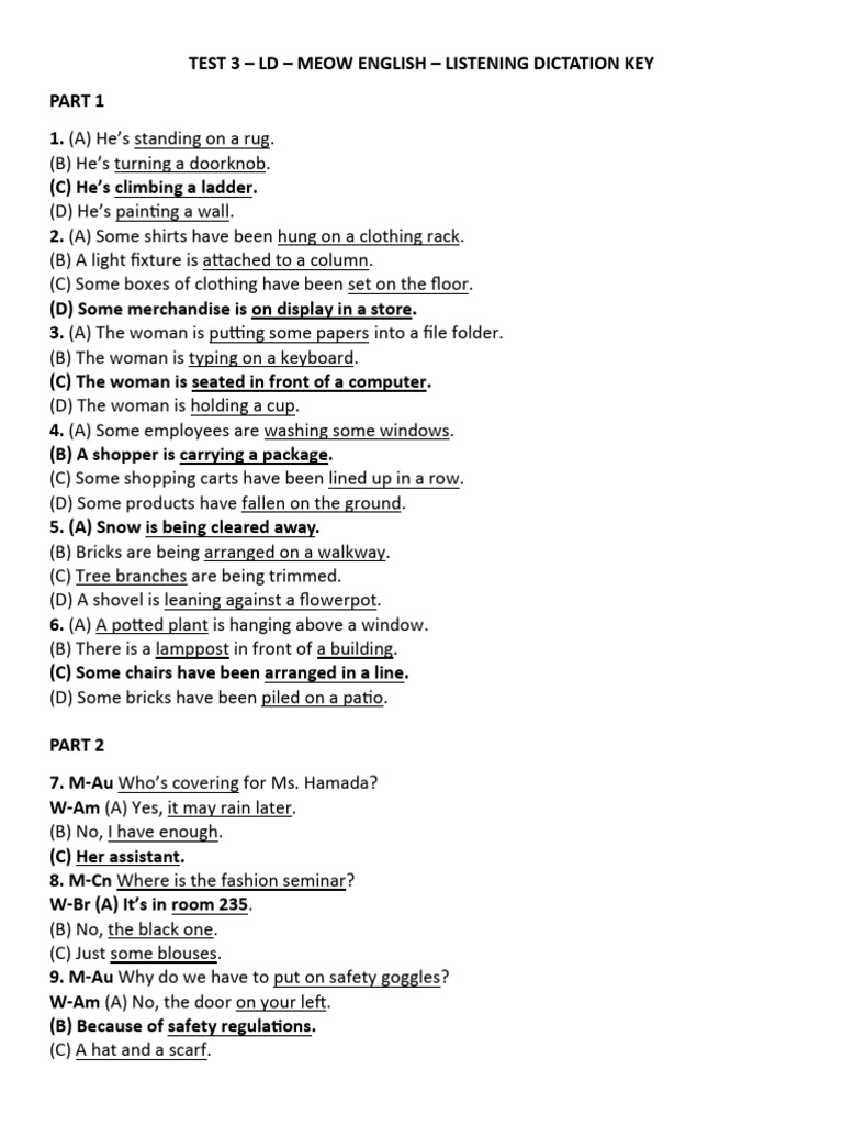 Test 3 - LD - Meow English - Dictation Key | PDF