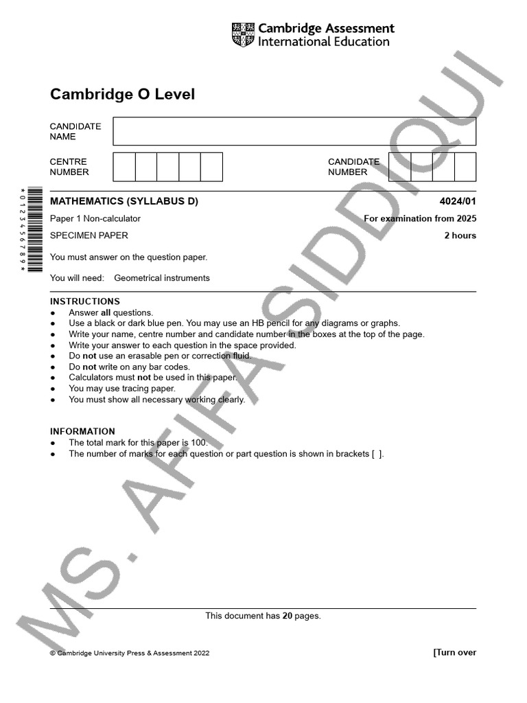 Math 4024 Specimen Papers 2025 - With MS | PDF | Area | Geometry