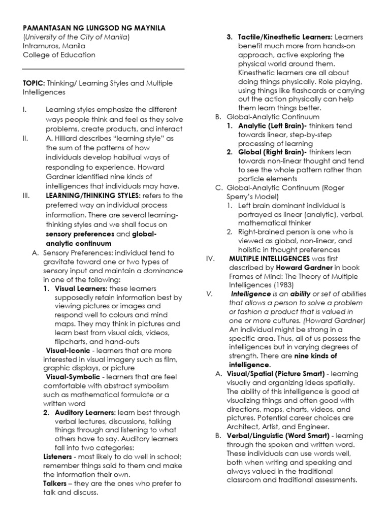 LearningThinking Styles and Multiple Intelligences | PDF | Learning | Cognition