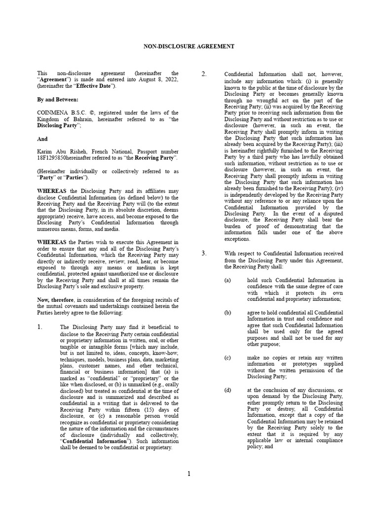 Non Disclosure Agreement - Karim - CoinMENA | PDF | Confidentiality ...