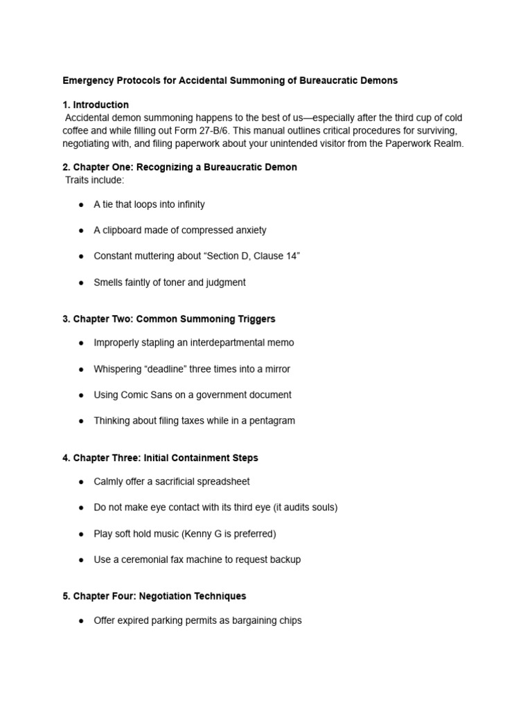 Emergency Protocols For Accidental Summoning of Bureaucratic Demons | PDF