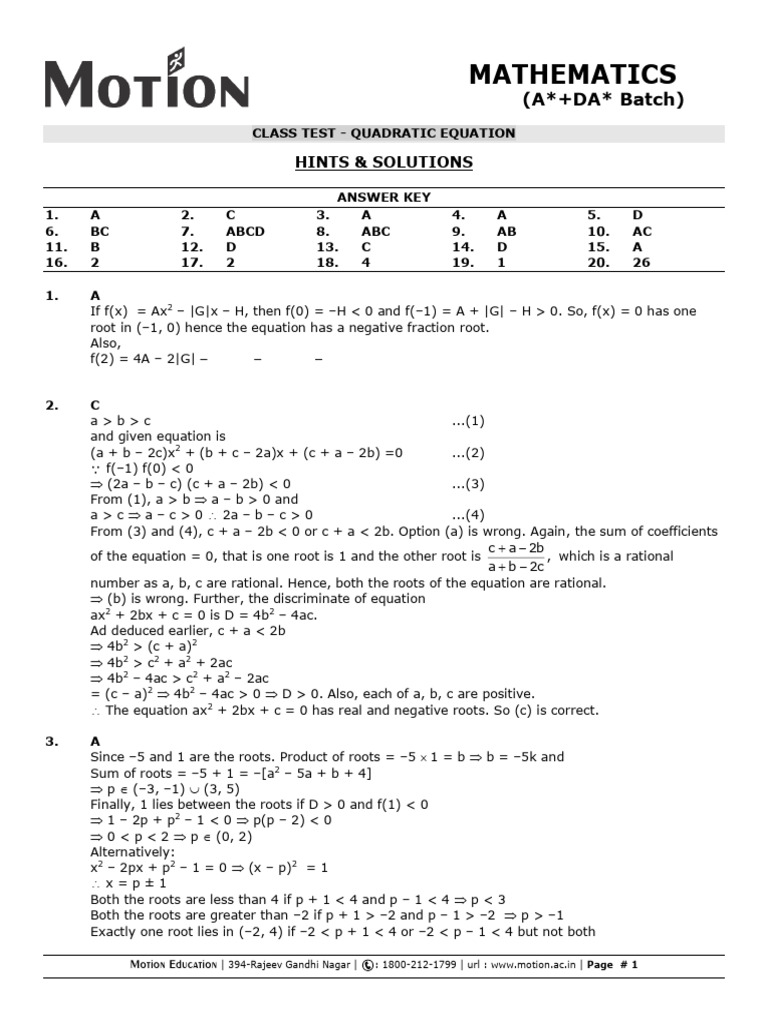 Quadratic Equation Test Solutions | PDF | Mathematics | Mathematical ...