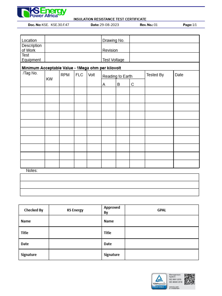 Insulation Resistance Test Certificate | PDF