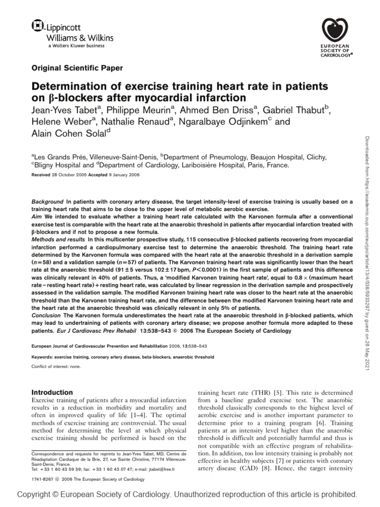 Determination of Exercise Training Heart Rate in Patients On B-Blockers ...