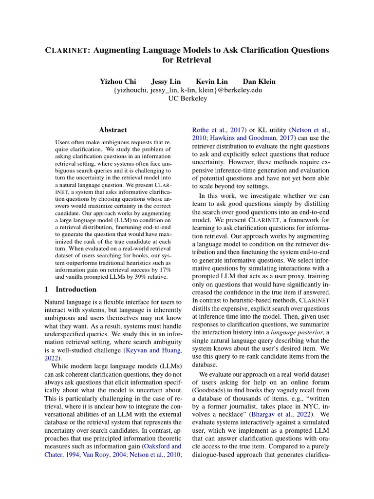 CLARINET Augmenting Language Models To Ask Clarification Questions | PDF | Information Retrieval ...