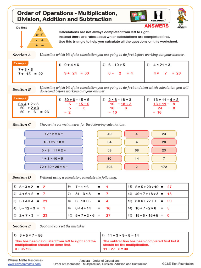 Cazoom Maths. BODMAS. Order of Operations - Multiplication, Division, Addition and Subtraction ...