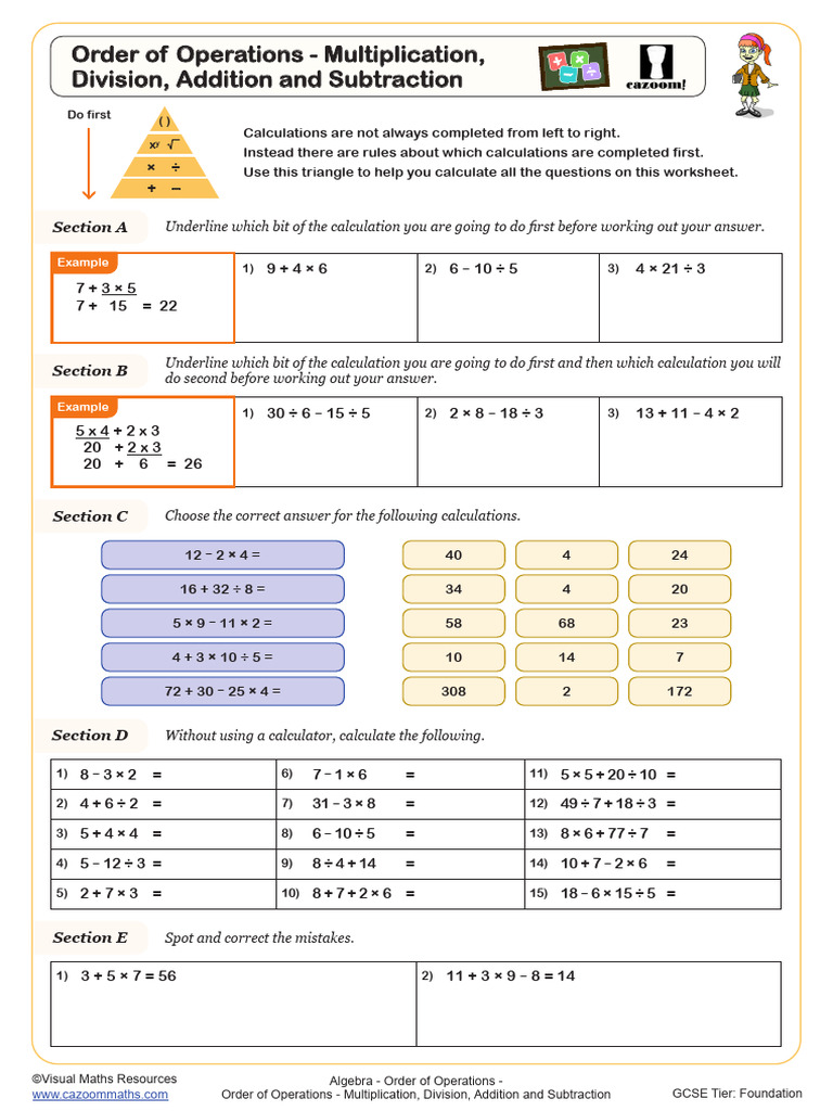 Cazoom Maths. BODMAS. Order of Operations - Multiplication, Division ...