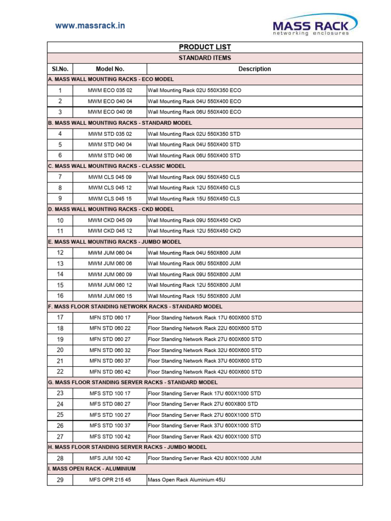 Mass Rack Pricing and Models Overview | PDF | Manufactured Goods
