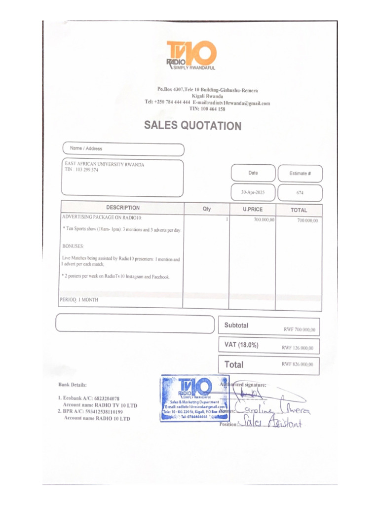 Sales Quotation - EAUR | PDF