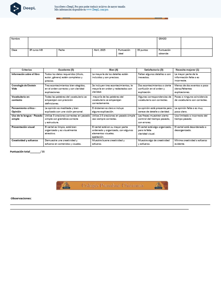 Rubric Book Report 6th Grade Es | PDF | Creatividad | Léxico