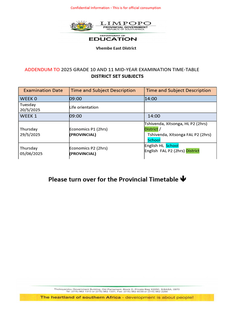 Grade 10 and 11 2025 Mid-Year Exam Time Table Grade 10 and 11 Province ...
