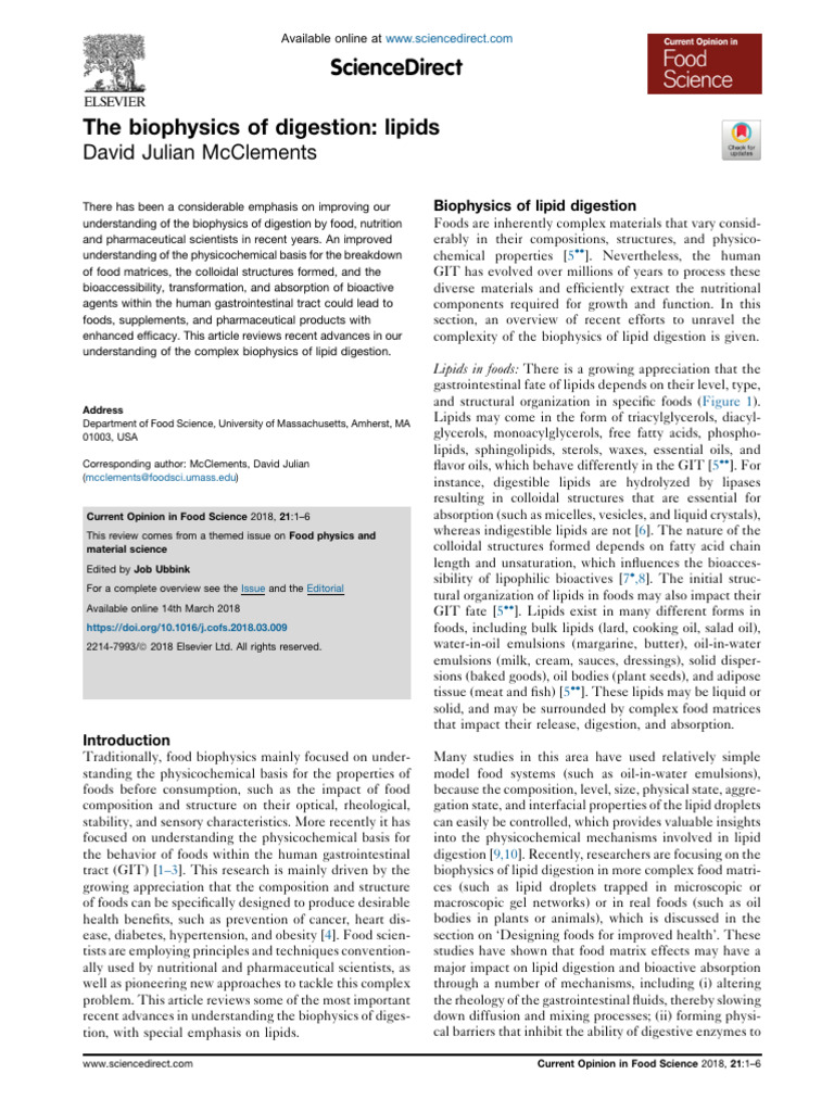 David Julian McClements. The Biophysics of Digestion Lipids | PDF ...