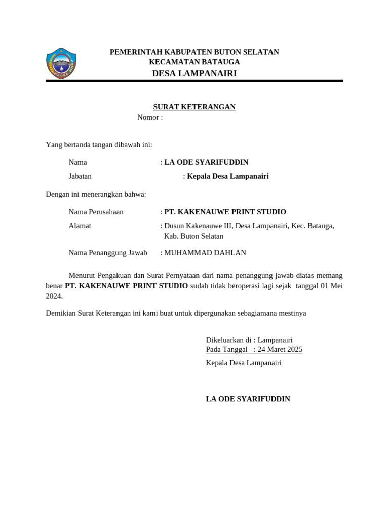 Surat Ket - Tidak Beroperasi | PDF