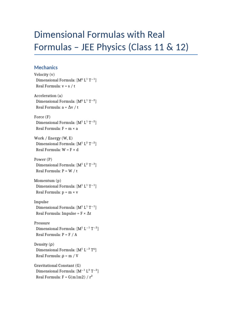 Dimensional_Formulas_JEE | PDF | Velocity | Heat