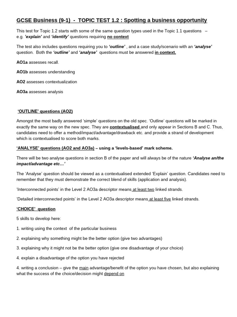 Gcse 9 1. Topic Test 1.2 Business Studies | PDF