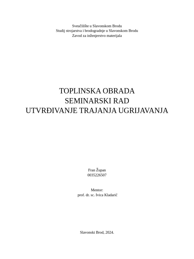 Toplinska Obrada Seminarski Rad - Fran Zupan | PDF