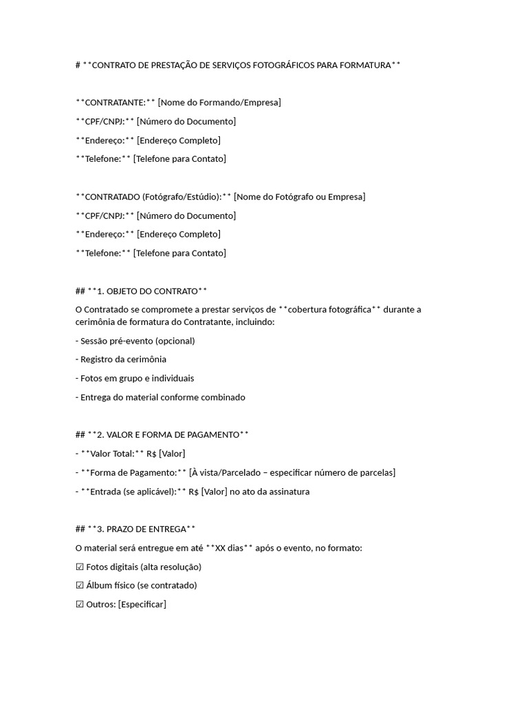 Modelo de Contrato para Fotos de Formatura | PDF