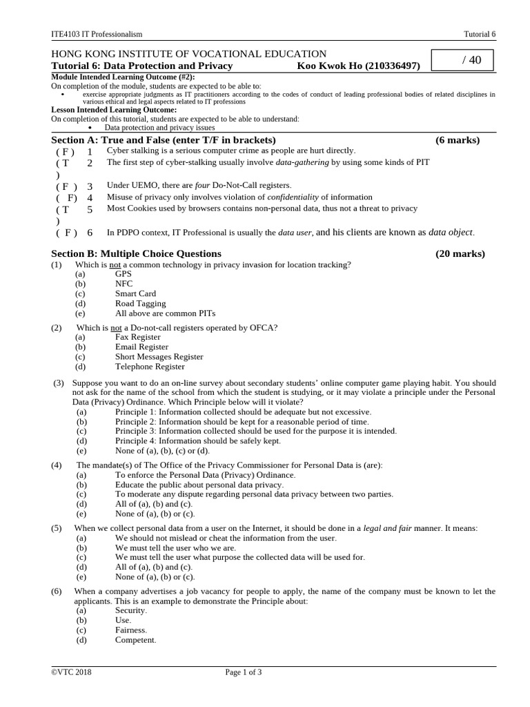 ITE4103 Tutorial06 Privacy | PDF | Privacy | Information Privacy