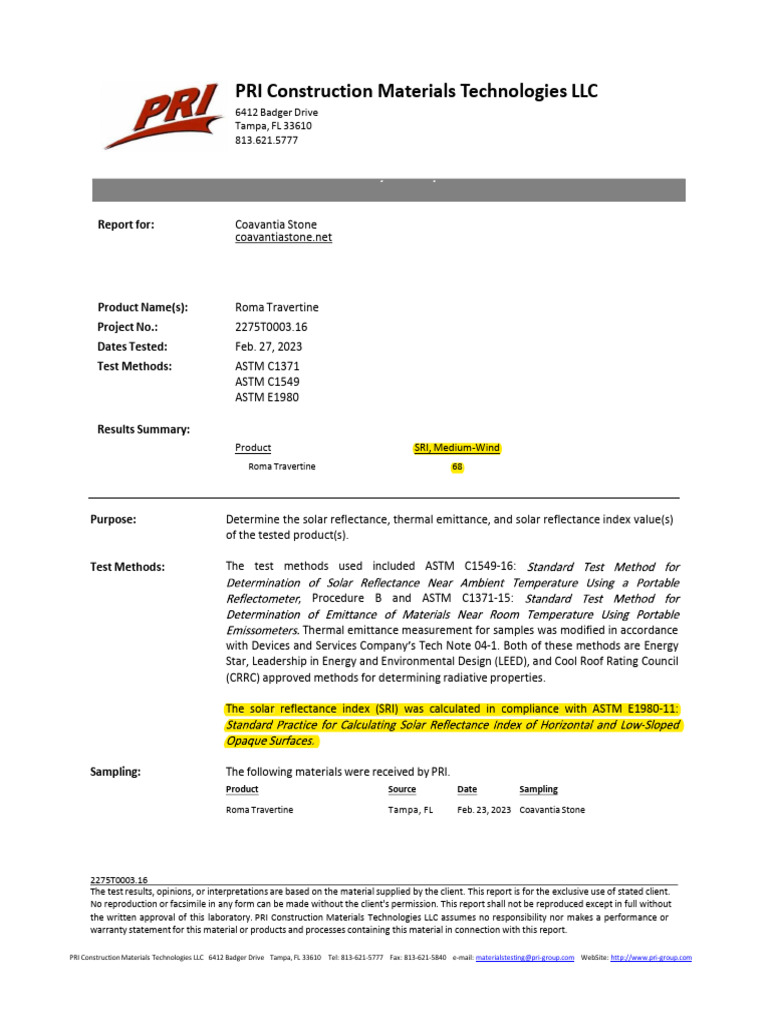 SRI Test Report For Light Beige Stone | PDF | Applied And ...