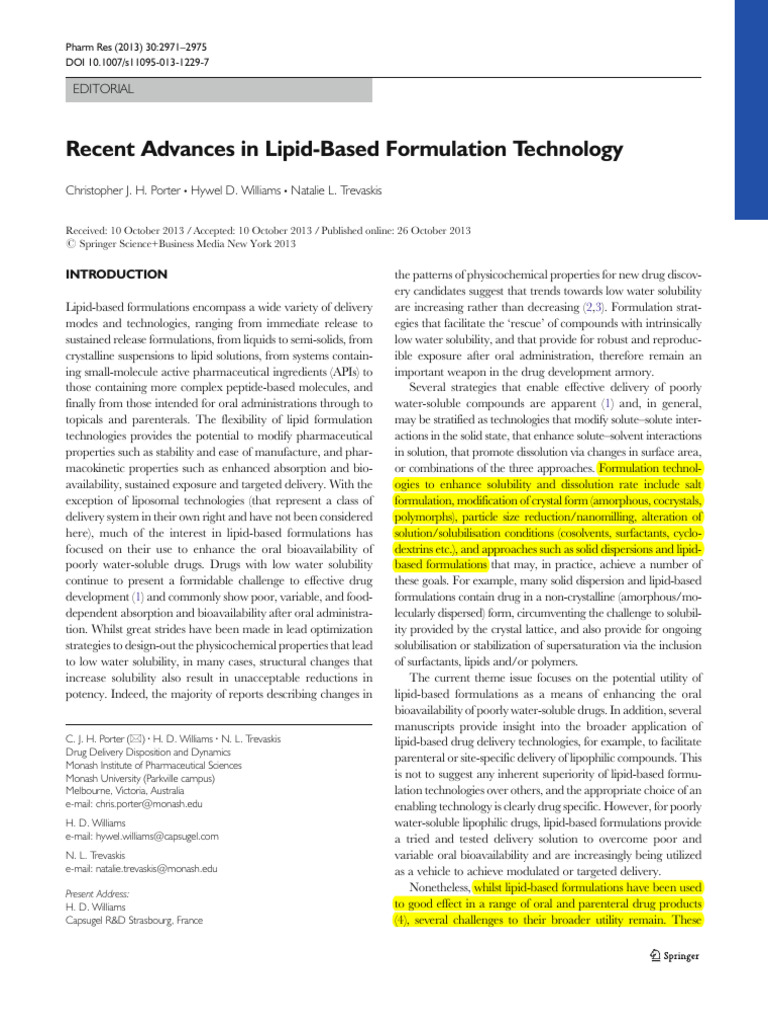 Advances in Lipid-Based Formulations | PDF | Pharmaceutical Formulation ...