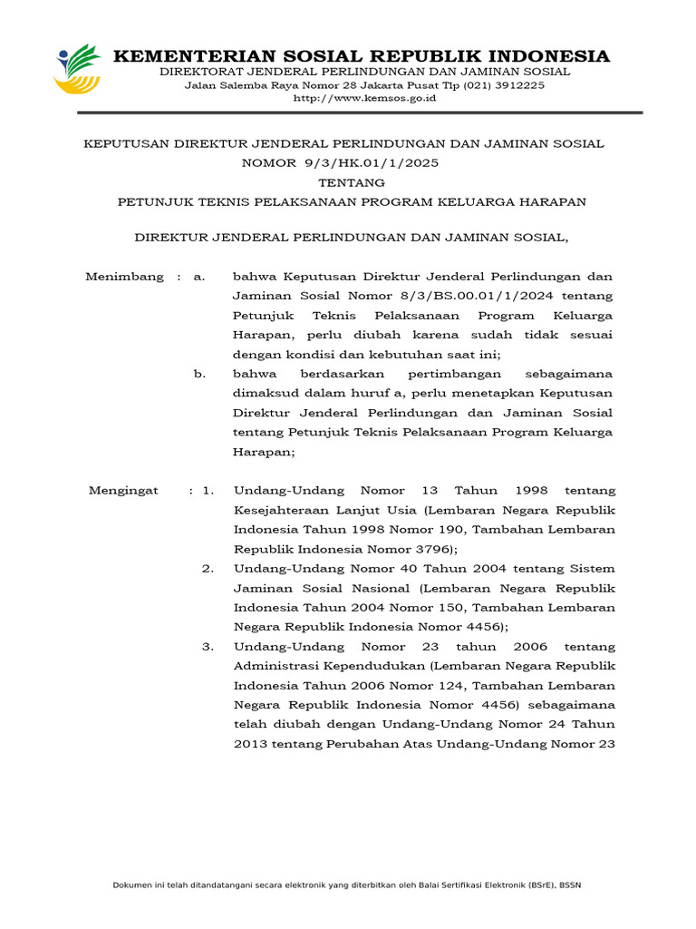 Kepdirjen 93HK.0112025 Juknis Pelaksanaan PKH | PDF