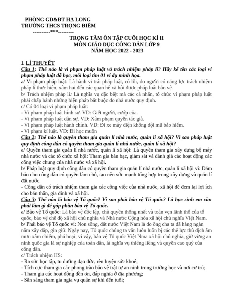 ĐỀ CƯƠNG ÔN TẬP CHKII GDCD 9 | PDF