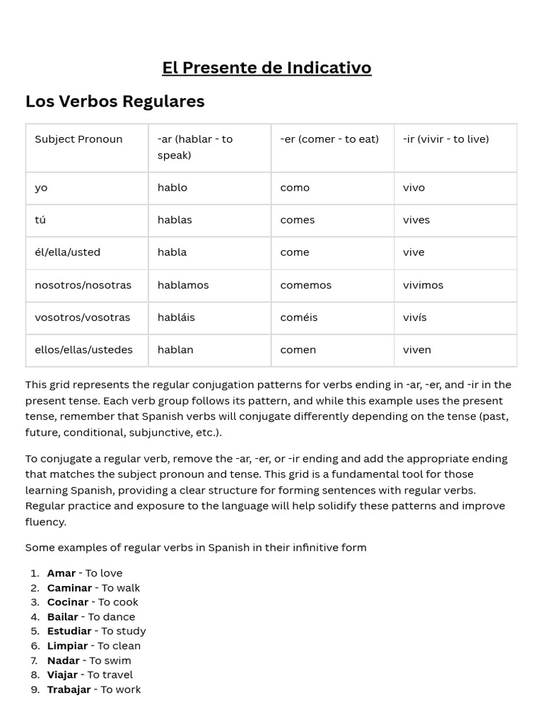 Present Tense Verbs in Spanish | PDF | Grammatical Conjugation ...