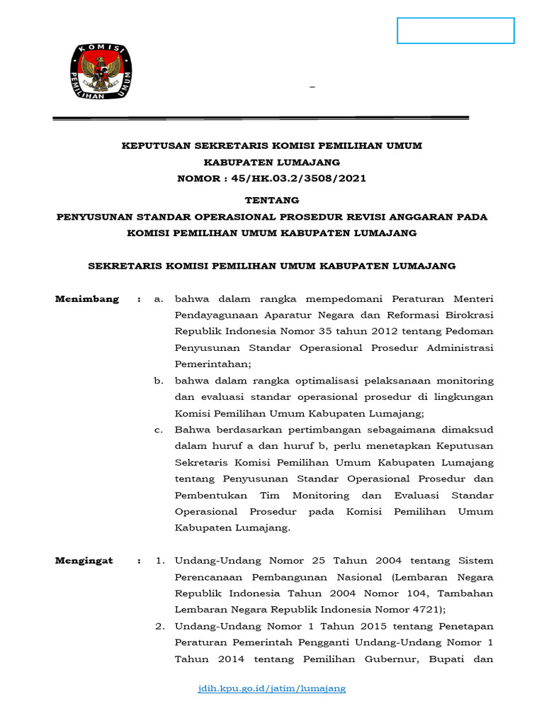 SOP Revisi Anggaran KPU Lumajang | PDF