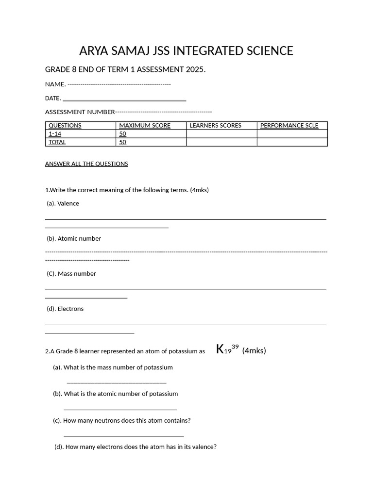 integrated grade 8 end term 1 | PDF | Chemical Elements | Atoms