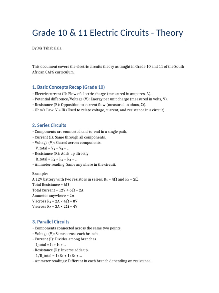 Grade 10 11 Electric Circuits Theory SA Curriculum | PDF | Series And Parallel Circuits | Voltage