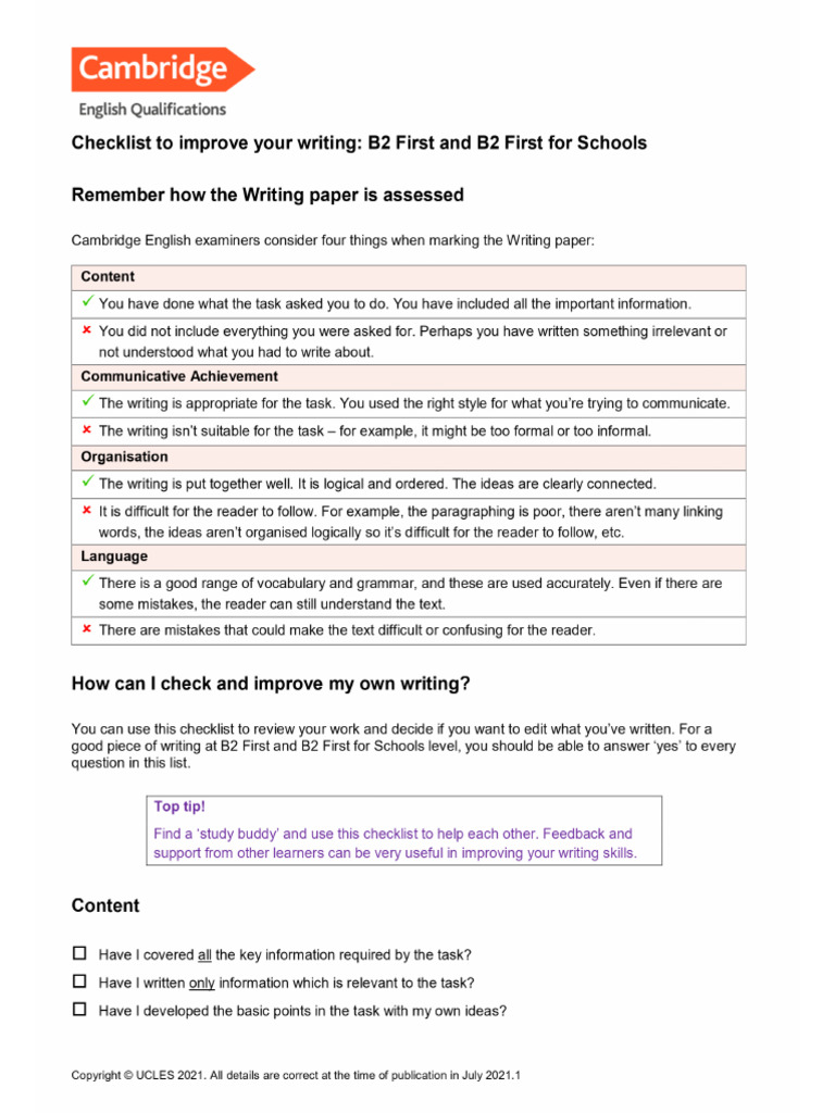 B2 First Writing Checklist For Learners - 630454-Checklist-To-Improve-Your-Writing-B2-First-And ...