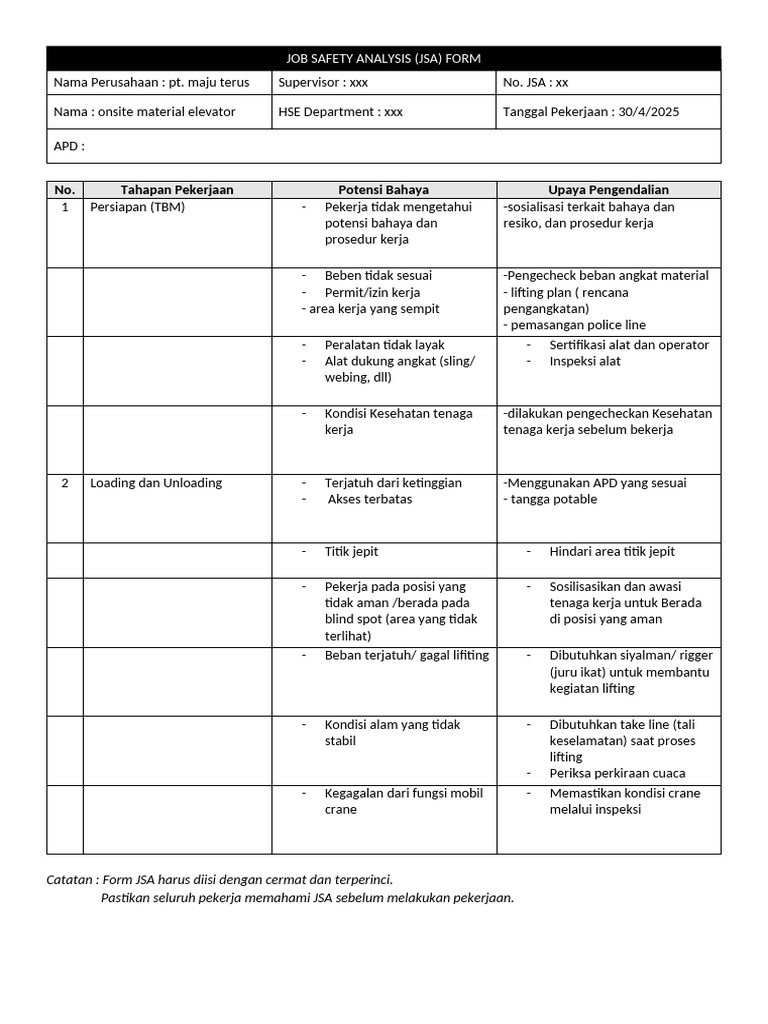1. Form JSA- Percobaan Latihan | PDF