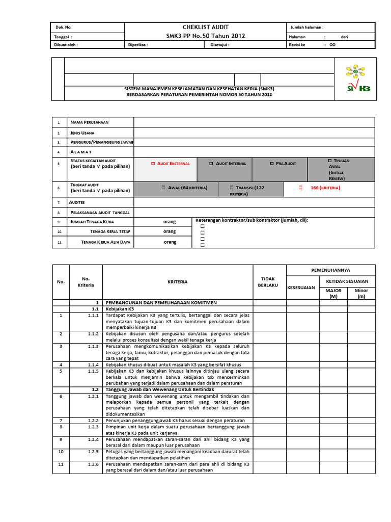 Check List Audit - Sistem Manajemen Keselamatan Dan Kesehatan Kerja | PDF