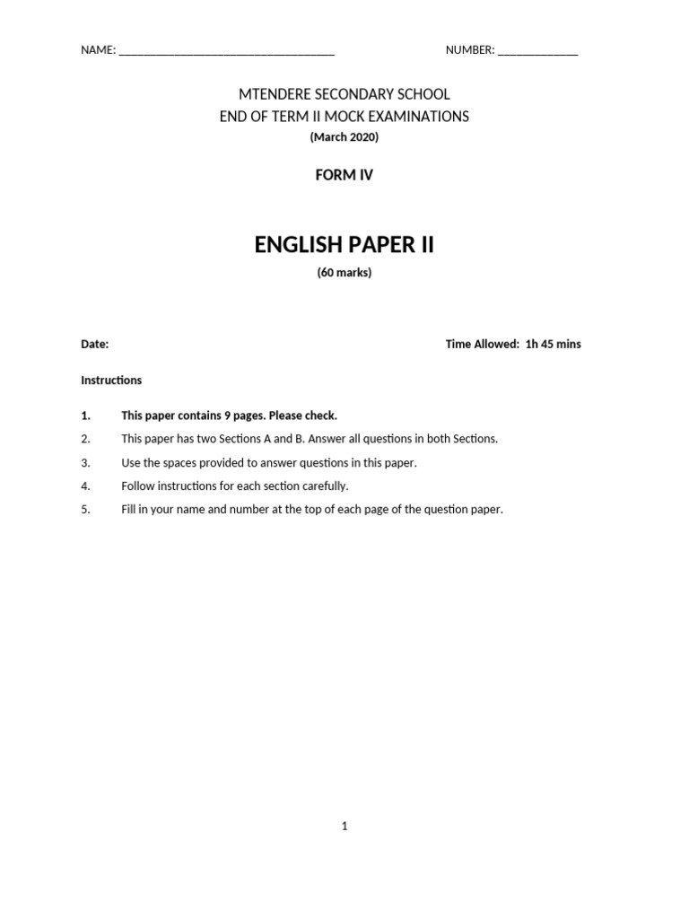 English Mock F4 Paper One | PDF | Bride | Marriage