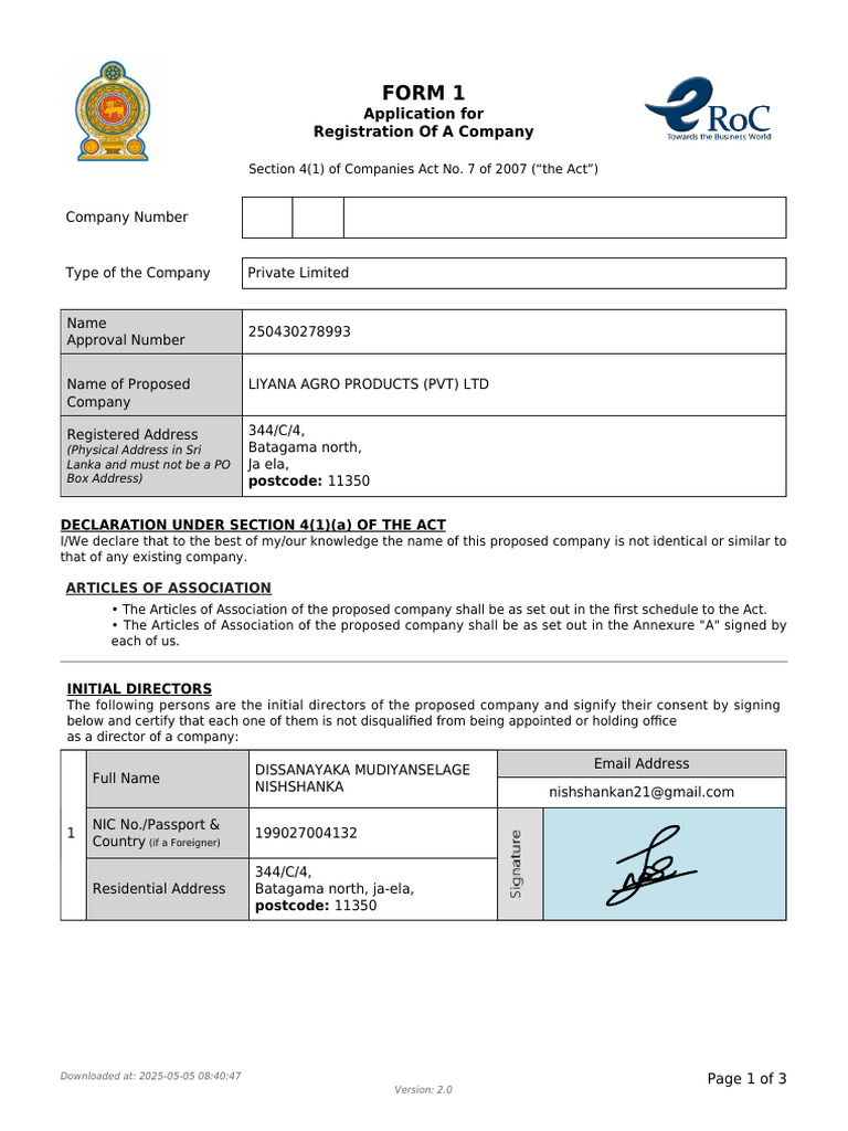 Form 1: Application For Registration of A Company | PDF | Government