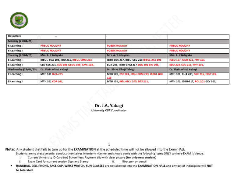 CBT Time Table First Semester 2024-2025 Adjust | PDF