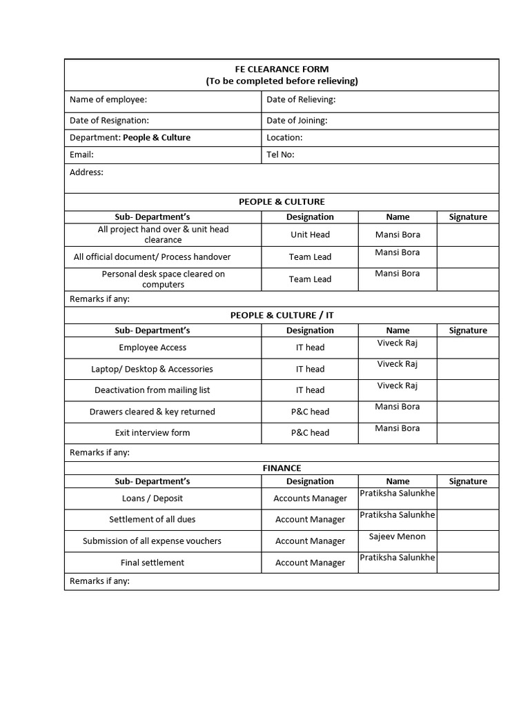 FE Clearance Form- P&C | PDF