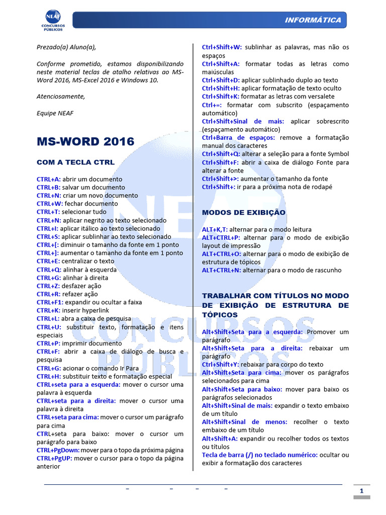 Principais Teclas de Atalho | PDF | Janela (informática) | Botão Ctrl