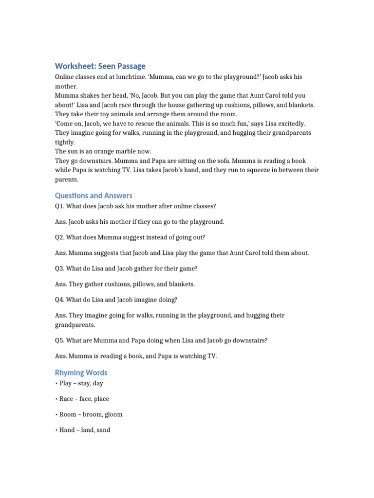 Seen Passage Worksheet | PDF