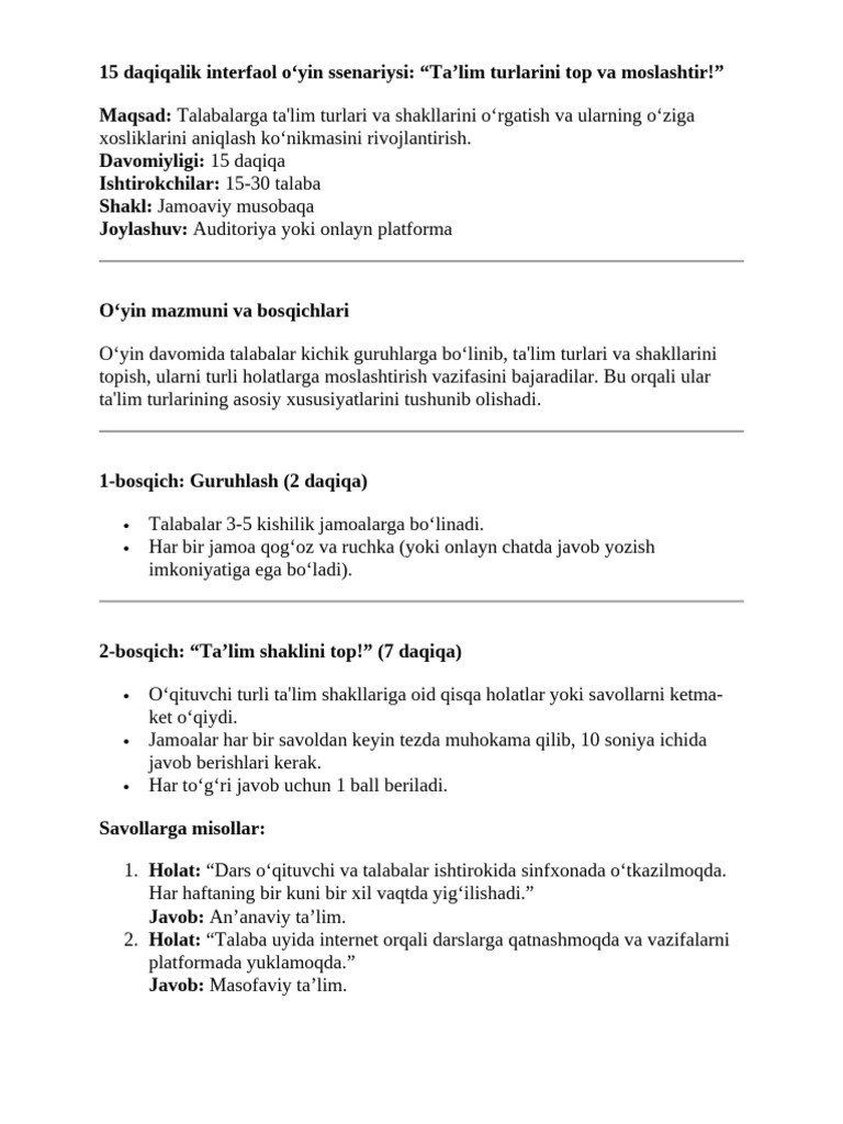 15 Daqiqalik Interfaol o Yin | PDF