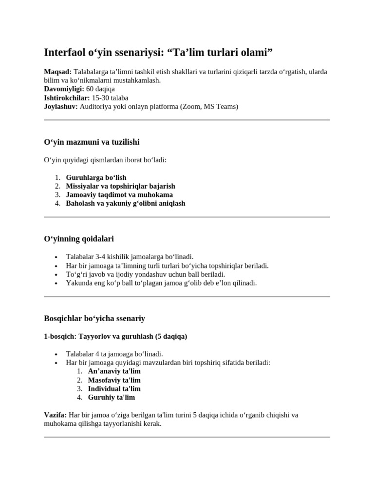 Interfaol o‘Yin Ssenariysi – Ta’Lim Turlari Olami | PDF