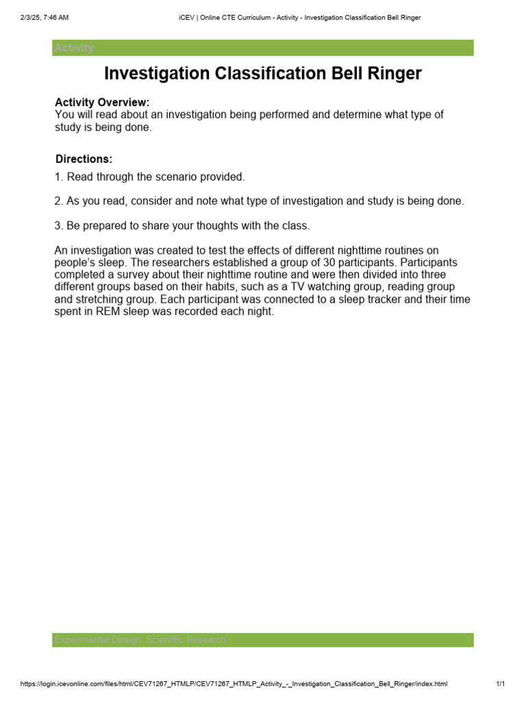 iCEV Online CTE Curriculum - Activity - Investigation Classification ...