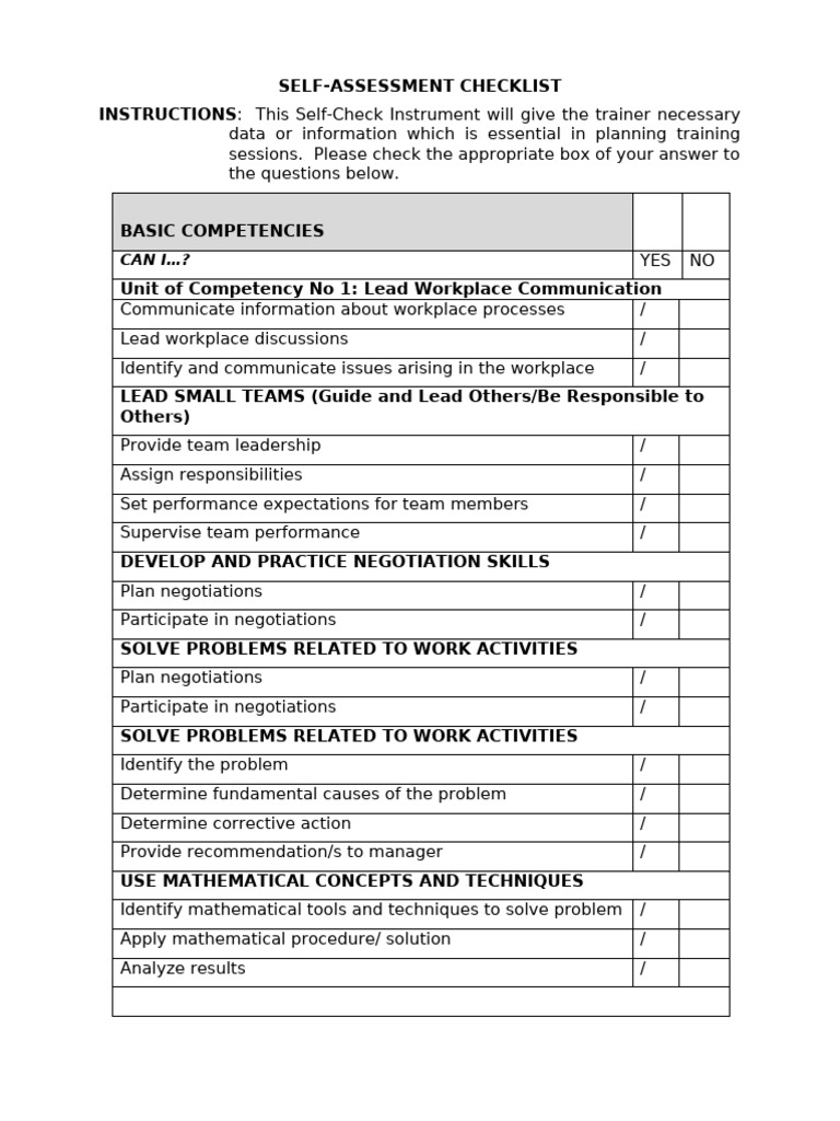 Self Assessment Checklist | PDF | Information | Page Layout