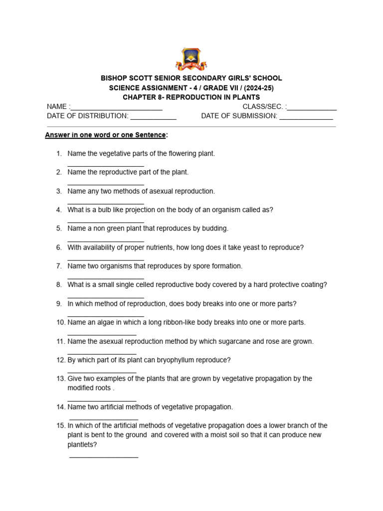 Reproduction in Plants Worksheet G7 | PDF | Pollination | Flowers