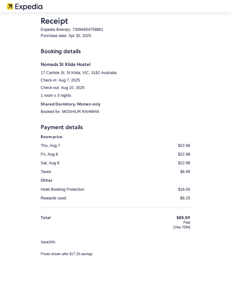 Expedia Booking Receipt for St Kilda Hostel | PDF