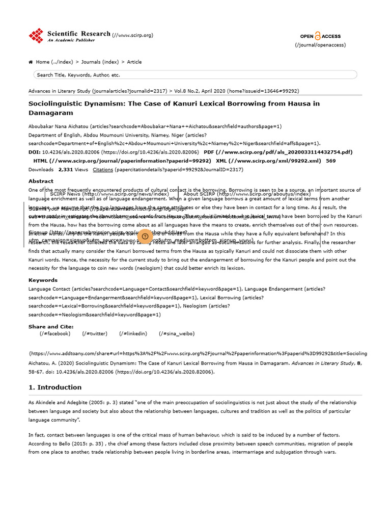 Sociolinguistic Dynamism - The Case of Kanuri Lexical Borrowing From ...